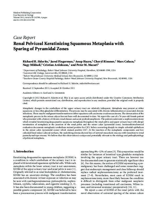 (PDF) Renal Pelviceal Keratinizing Squamous Metaplasia with Sparing of ...