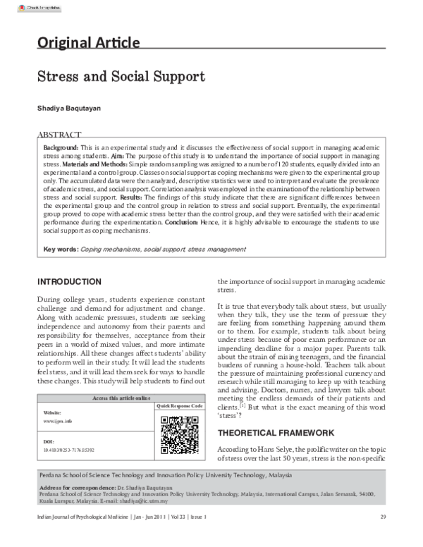 (PDF) Stress and Social Support