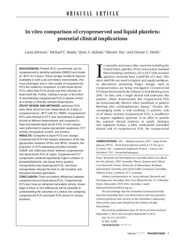 (PDF) In vitro comparison of cryopreserved and liquid platelets ...