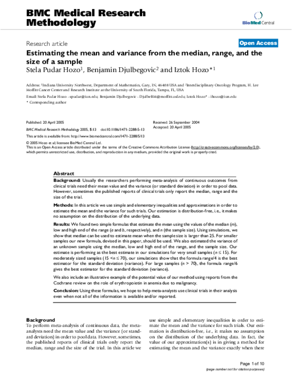 Pdf Estimating The Mean And Variance From The Median Range And The
