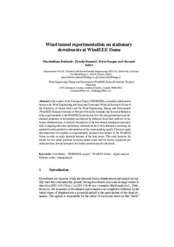 (PDF) Wind Tunnel Experimentation on Stationary Downbursts at WindEEE Dome