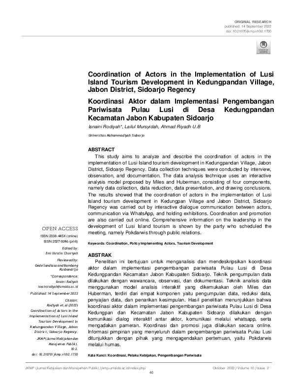 (PDF) Coordination of Actors in the Implementation of Lusi Island Tourism Development in ...