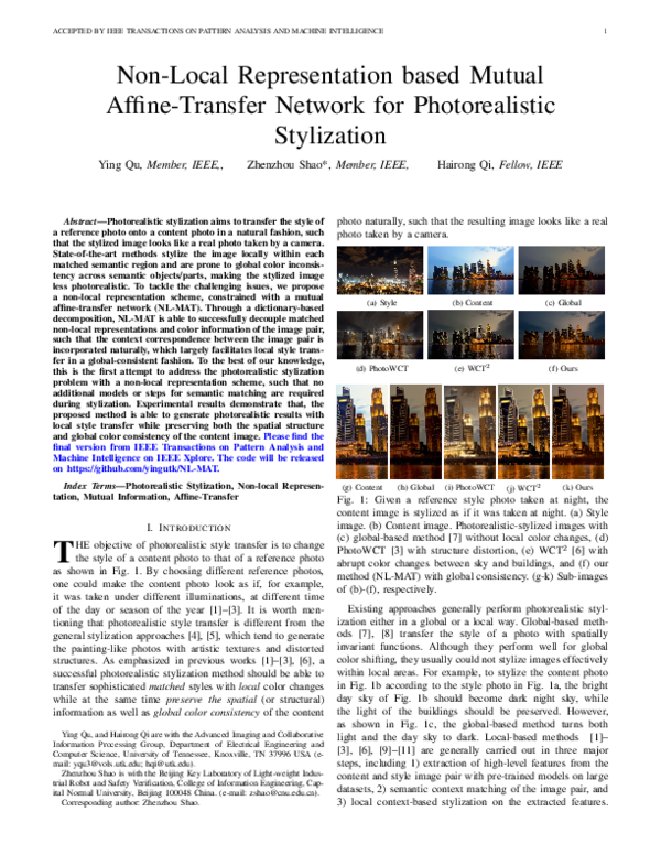(PDF) Non-Local Representation based Mutual Affine-Transfer Network for Photorealistic Stylization