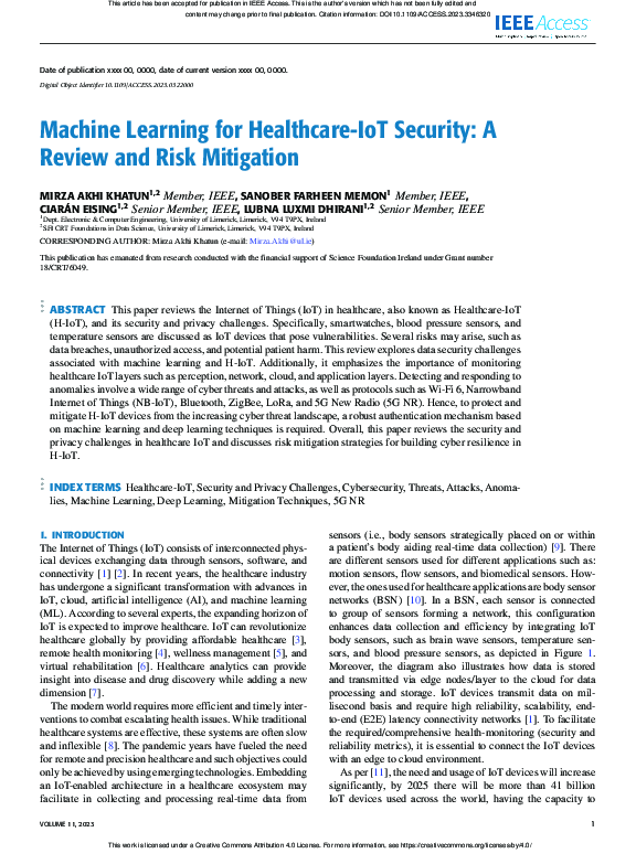 (PDF) Machine Learning for Healthcare-IoT Security: A Review and Risk Mitigation