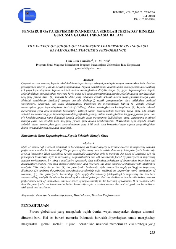 (PDF) Pengaruh Gaya Kepemimpinan Kepala Sekolah Terhadap Kinerja Guru Sma Global Indo-Asia Batam ...