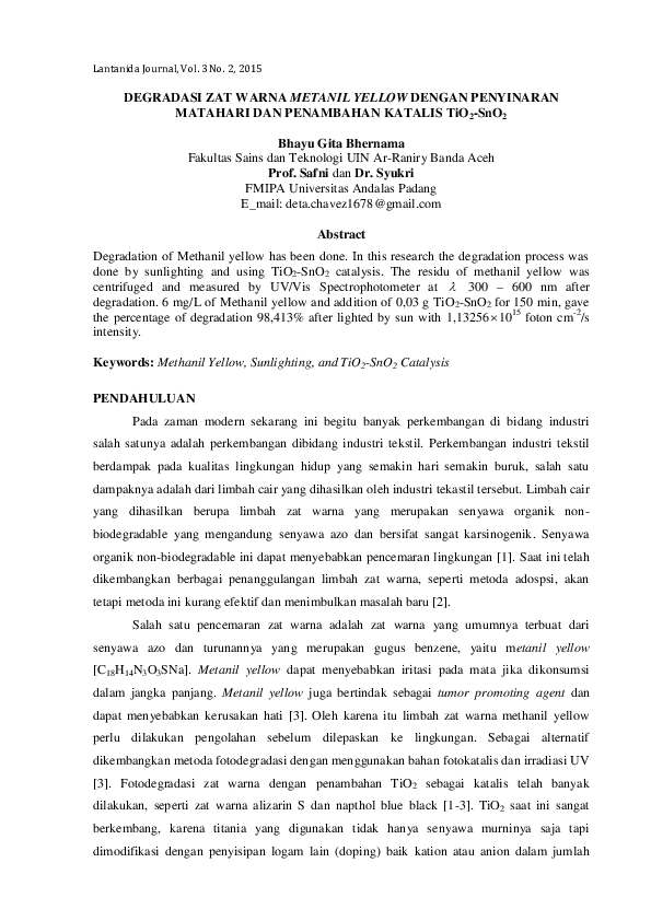 (PDF) DEGRADASI ZAT WARNA METANIL YELLOW DENGAN PENYINARAN MATAHARI DAN ...