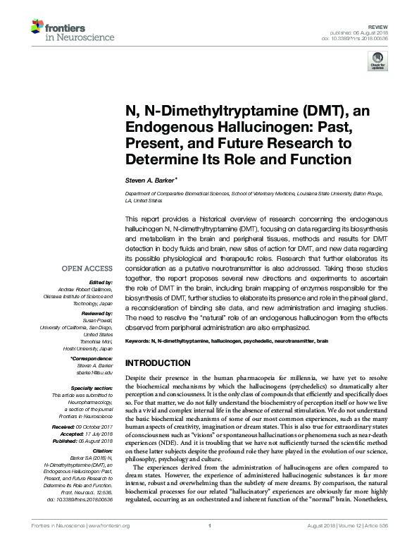 (PDF) N, N-Dimethyltryptamine (DMT), an Endogenous Hallucinogen: Past, Present, and Future ...