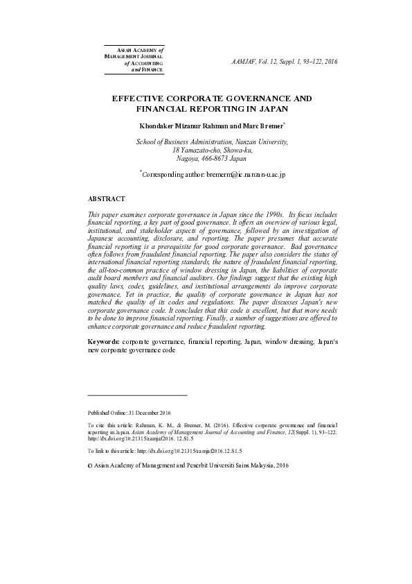 (PDF) Effective Corporate Governance and Financial Reporting in Japan