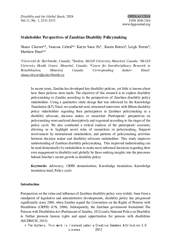 (PDF) Stakeholder Perspectives of Zambian Disability Policymaking