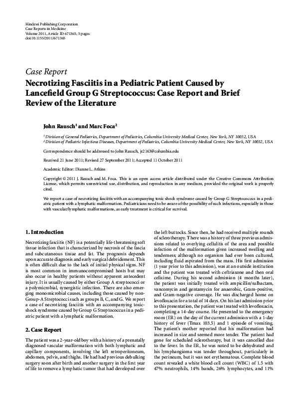(PDF) Necrotizing Fasciitis in a Pediatric Patient Caused by Lancefield ...