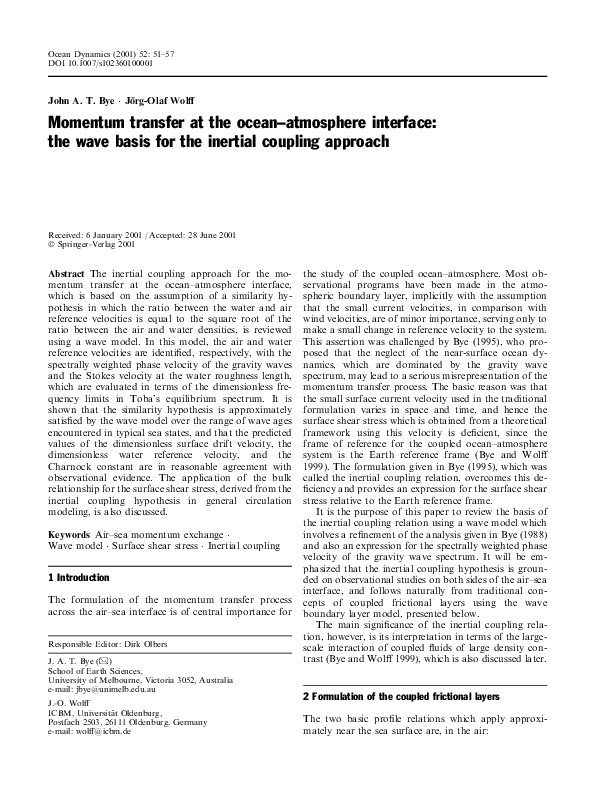 (PDF) Momentum transfer at the ocean atmosphere interface: the wave ...