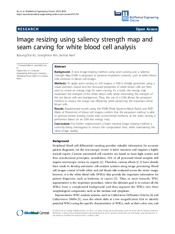 (PDF) Image resizing using saliency strength map and seam carving for white blood cell analysis