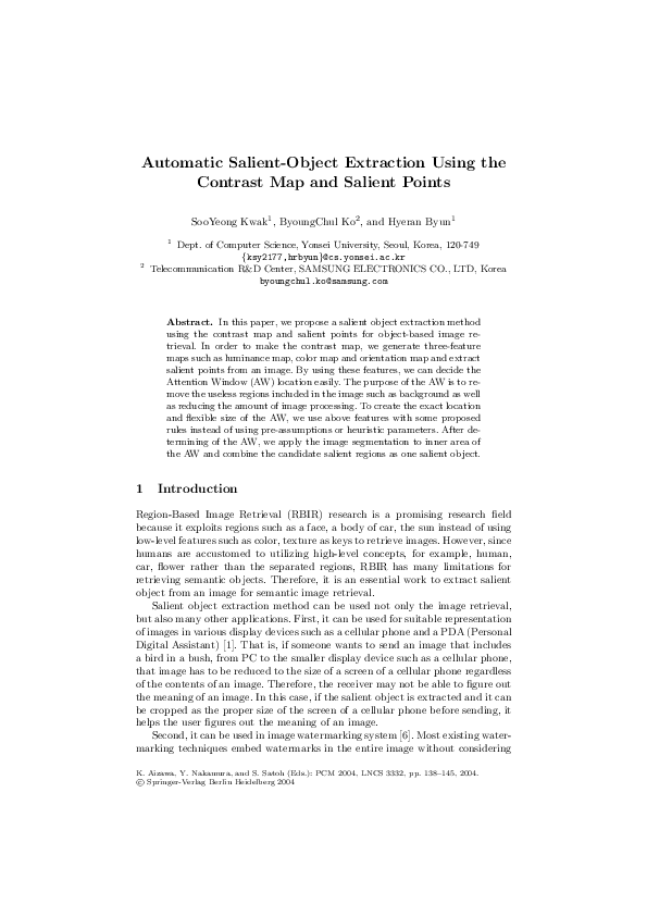 Pdf Automatic Salient Object Extraction Using The Contrast Map And Salient Points