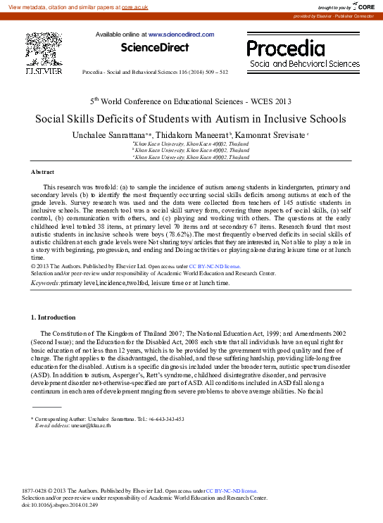 (PDF) Social Skills Deficits of Students with Autism in Inclusive Schools