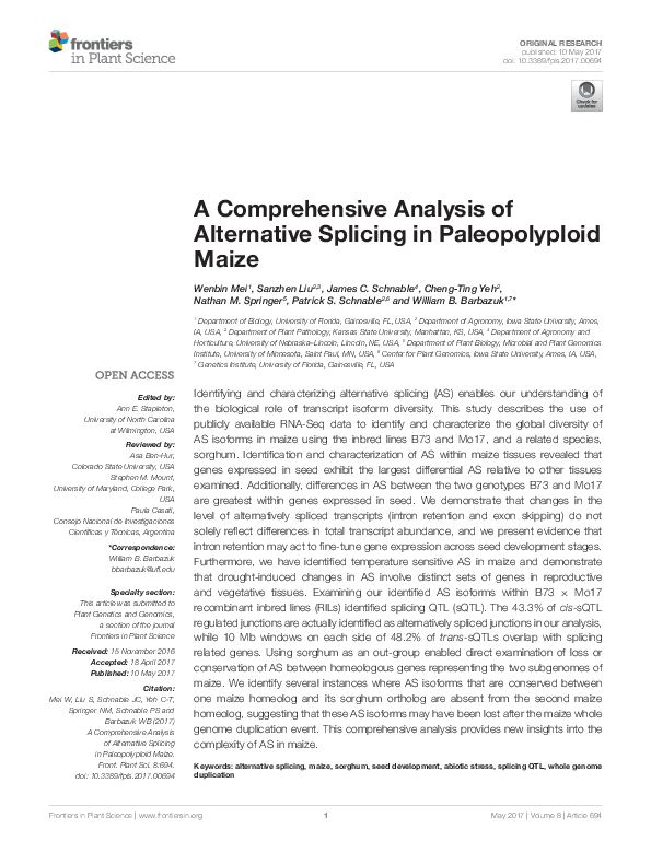 (PDF) A Comprehensive Analysis of Alternative Splicing in Paleopolyploid Maize