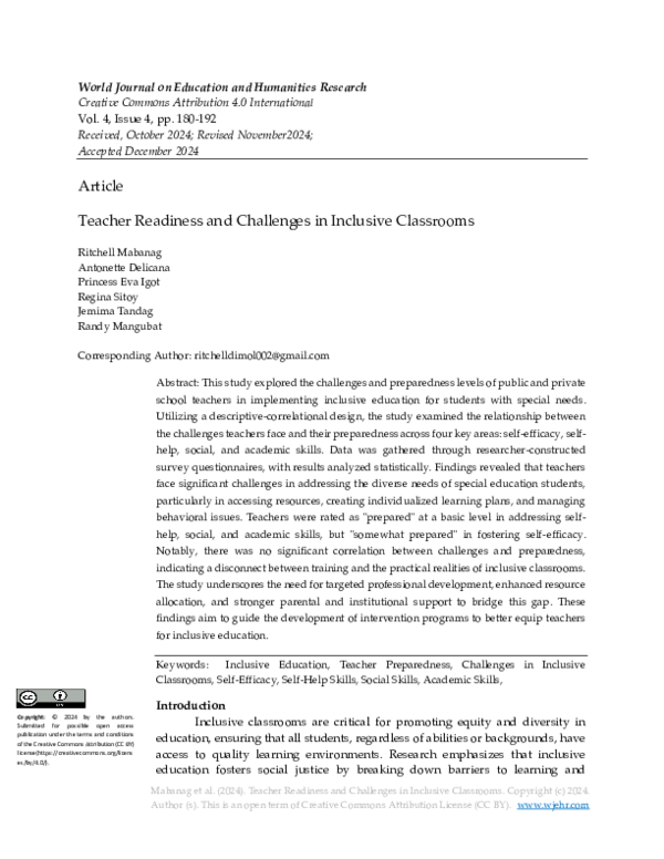 (PDF) Teacher Readiness and Challenges in Inclusive Classrooms
