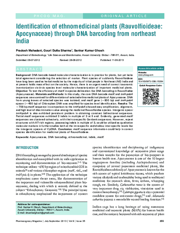 (PDF) Identification of ethnomedicinal plants (Rauvolfioideae ...