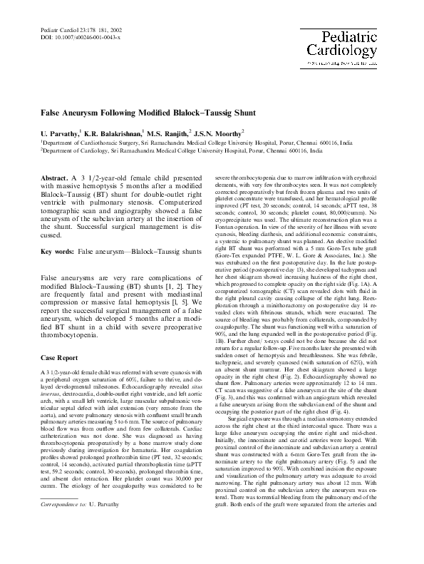 (PDF) False Aneurysm Following Modified Blalock-Taussig Shunt
