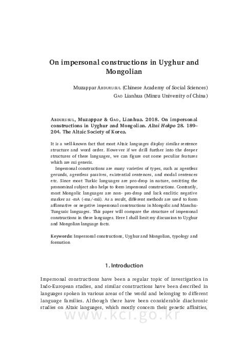 (PDF) On impersonal constructions in Uyghur and Mongolian