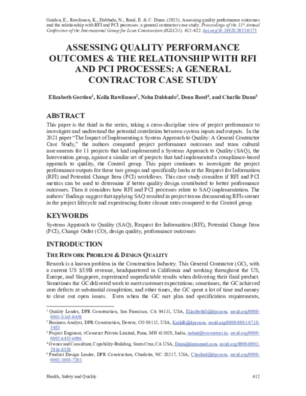 (PDF) Assessing Quality Performance Outcomes & the Relationship With RFI and PCI Processes: A ...