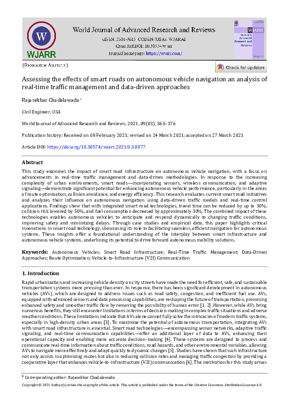 (PDF) Smart roads 2021 WJARR