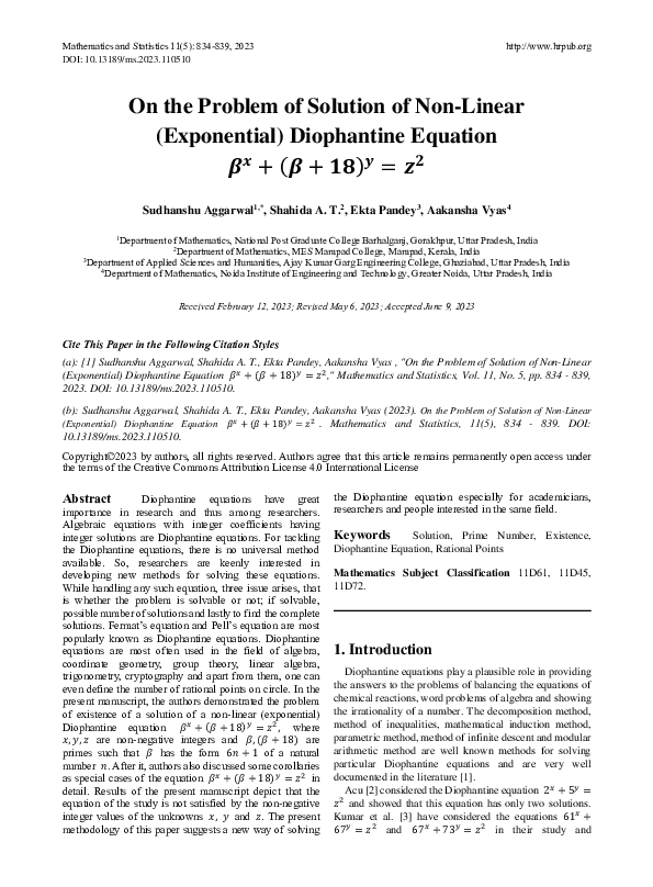 (PDF) On the Problem of Solution of Non-Linear (Exponential) Diophantine Equation