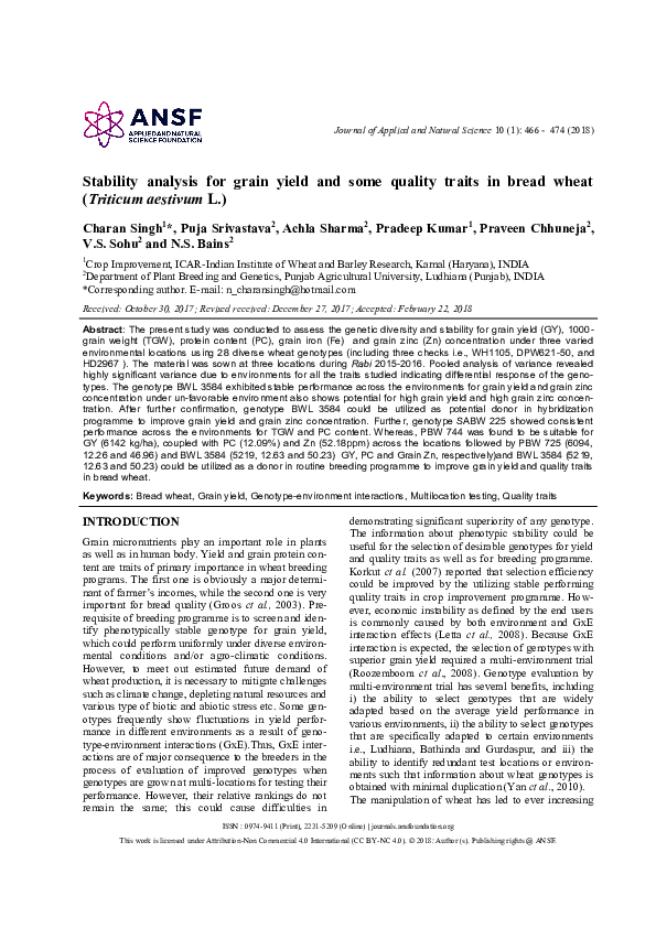 (PDF) Stability analysis for grain yield and some quality traits in bread wheat (Triticum aestivum L
