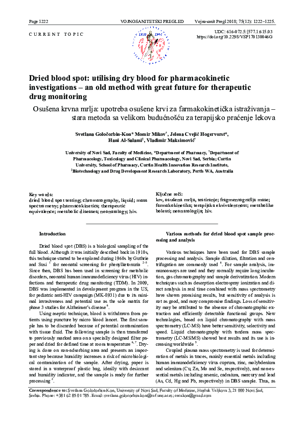 (PDF) Dried blood spot: Utilizing dry blood for pharmacokinetic ...