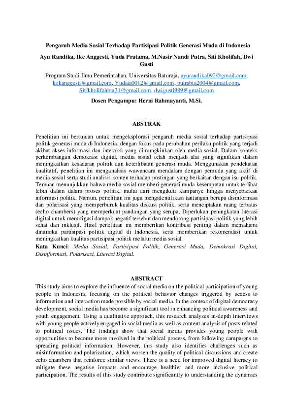 (PDF) Pengaruh Media Sosial Terhadap Partisipasi Politik Generasi Muda di Indonesia