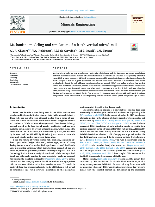 (PDF) Mechanistic modeling and simulation of a batch vertical stirred mill