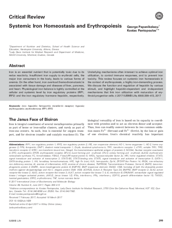 (PDF) Systemic iron homeostasis and erythropoiesis