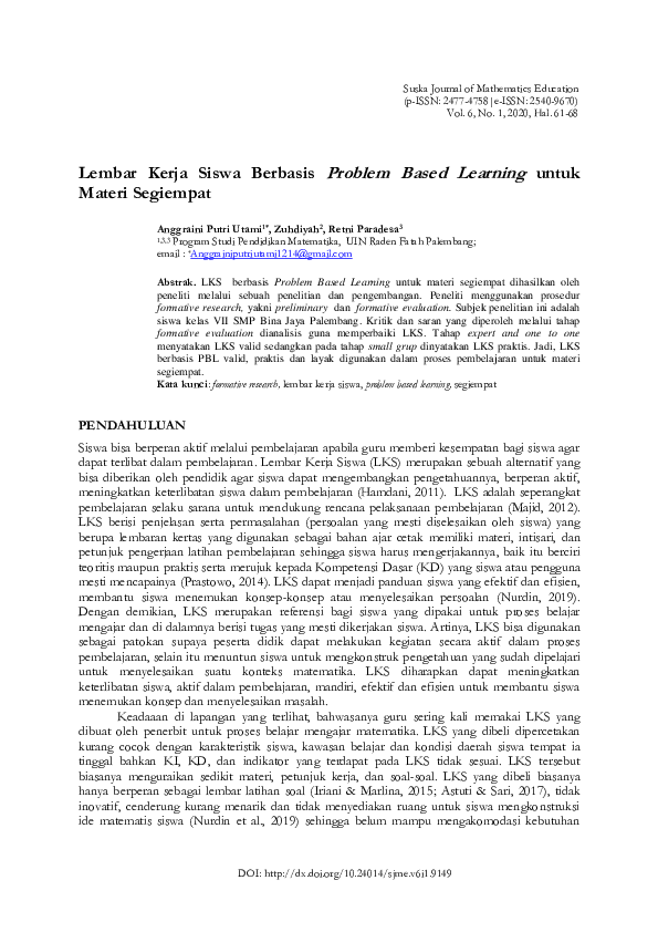 (PDF) Lembar Kerja Siswa Berbasis Problem Based Learning untuk Materi Segiempat