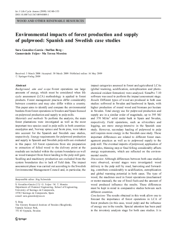(PDF) Environmental impacts of forest production and supply of pulpwood: Spanish and Swedish ...