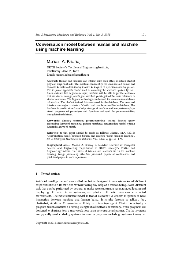 (PDF) Conversation model between human and machine using machine learning