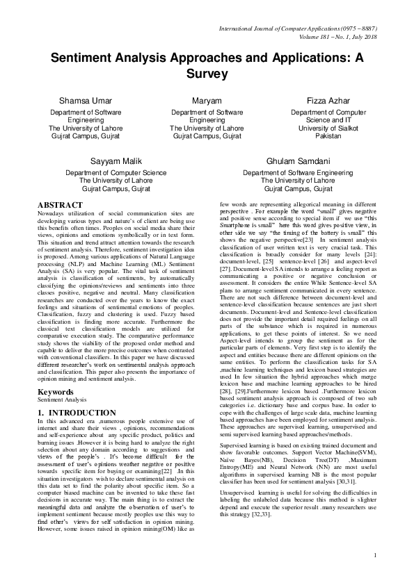 (PDF) Sentiment Analysis Approaches and Applications: A Survey
