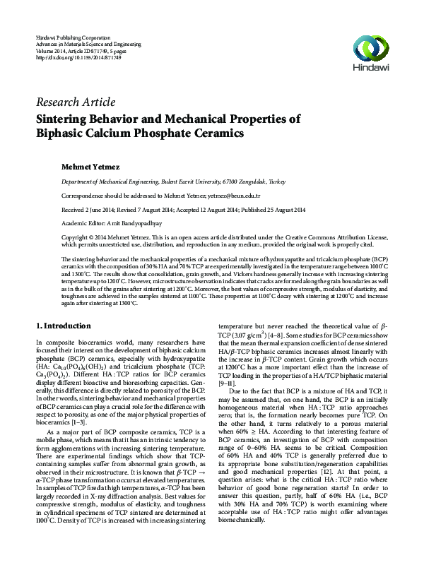 (PDF) Sintering Behavior and Mechanical Properties of Biphasic Calcium Phosphate Ceramics