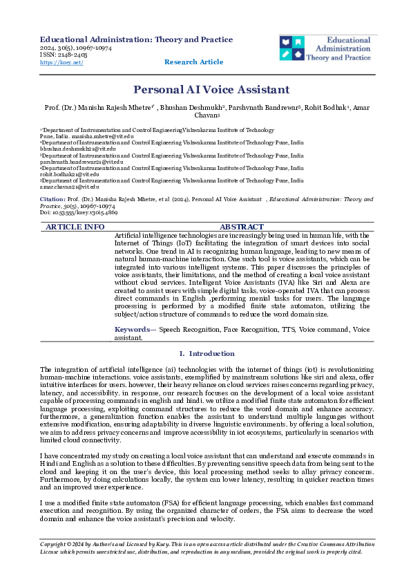 (PDF) Personal AI Voice Assistant
