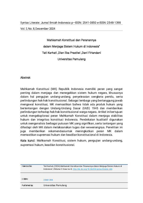 (PDF) Mahkamah Konstitusi dan peranan Hukumnya di Indonesia
