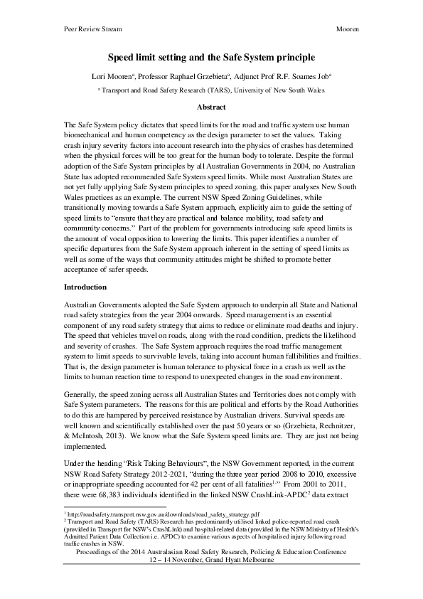 (PDF) Speed limit setting and the Safe System principle