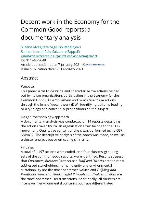 (PDF) Decent work in the Economy for the Common Good reports: a ...