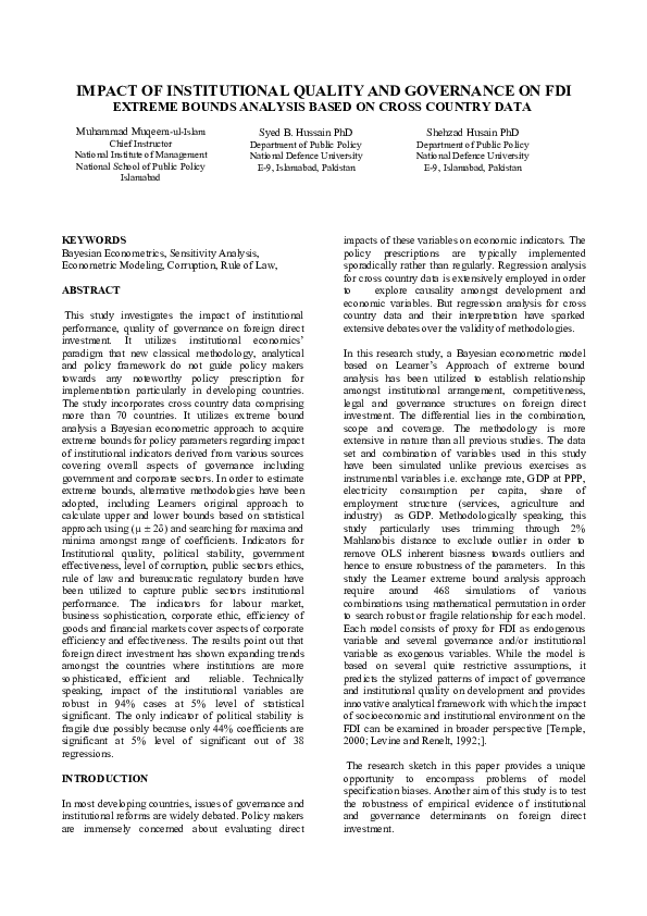 (PDF) Impact of Institutional Quality and Governance on Foreign Direct ...