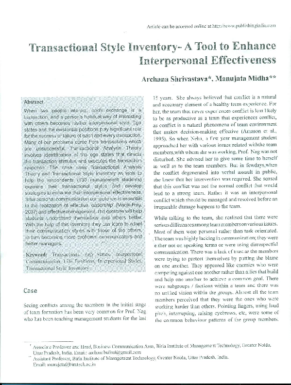 (PDF) Transactional Style Inventory A tool to Enhance interpersonal ...