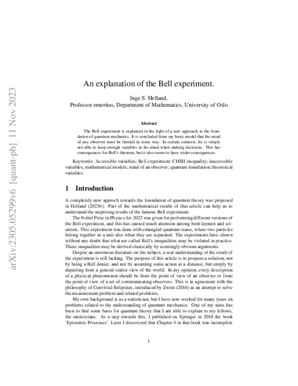 (PDF) On the Bell Experiment and Quantum Foundation | Inge Helland - Academia.edu
