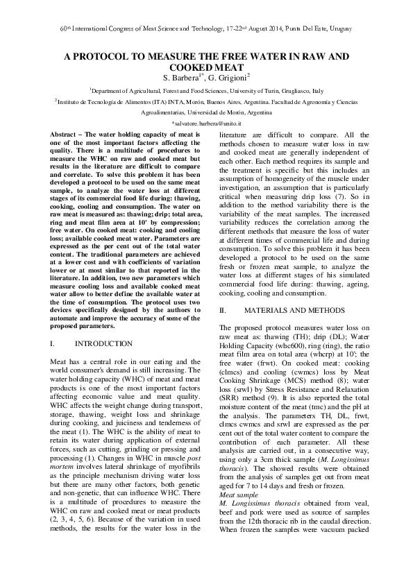 (PDF) A protocol to measure the free water in raw and cooked meat