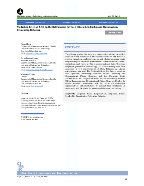 (PDF) Mediating Effect of CSR on the Relationship between Ethical Leadership and Organization ...