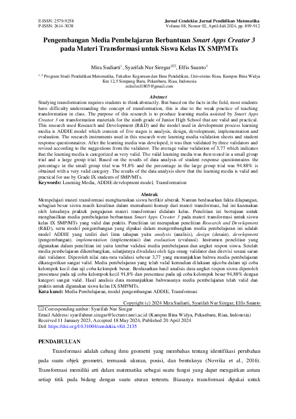 (PDF) Pengembangan Media Pembelajaran Berbantuan Smart Apps Creator 3 pada Materi Transformasi ...