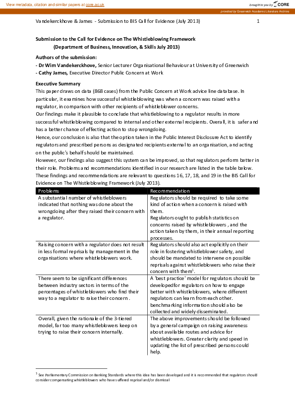 (PDF) Submission to the Call for Evidence on The Whistleblowing Framework