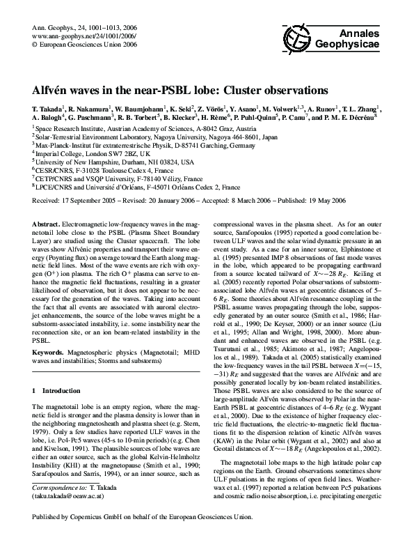 (PDF) Alfvén waves in the near-PSBL lobe: Cluster observations