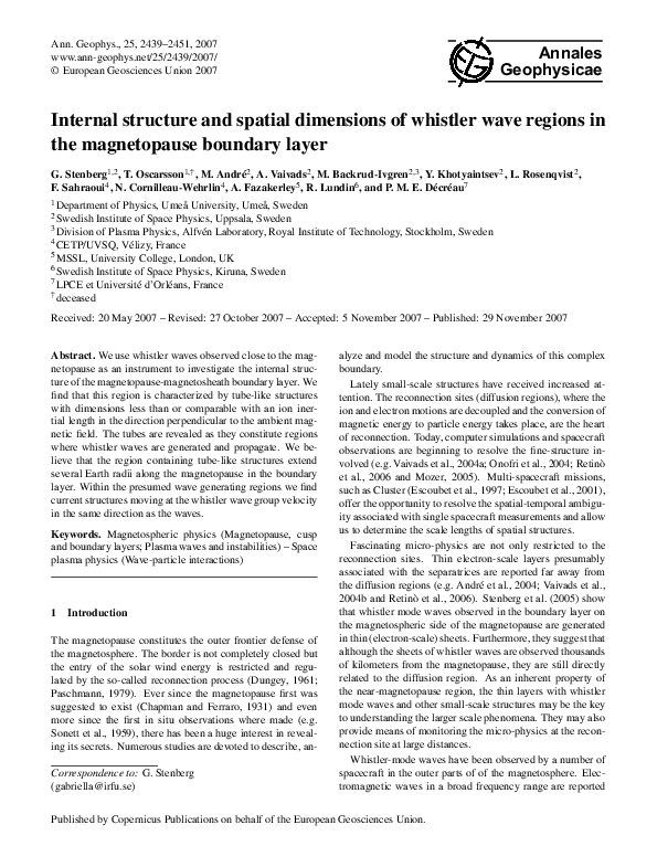 (PDF) Internal structure and spatial dimensions of whistler wave ...