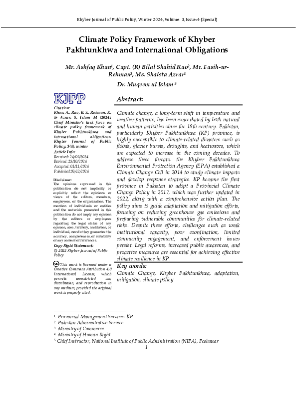 (PDF) Climate Policy Framework of Khyber Pakhtunkhwa and International ...